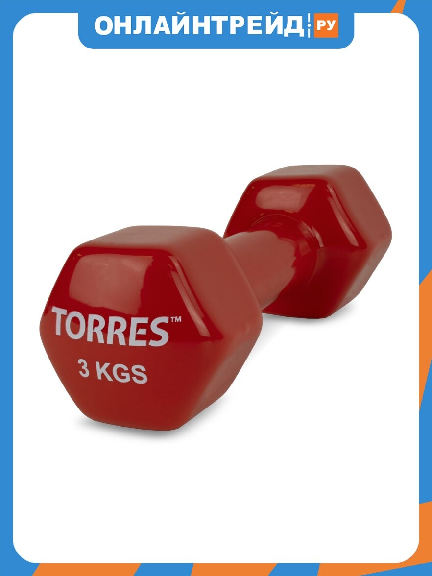 Гантель Torres PL522205 3кг, металл в виниловой оболочке, форма шестигранник, красный