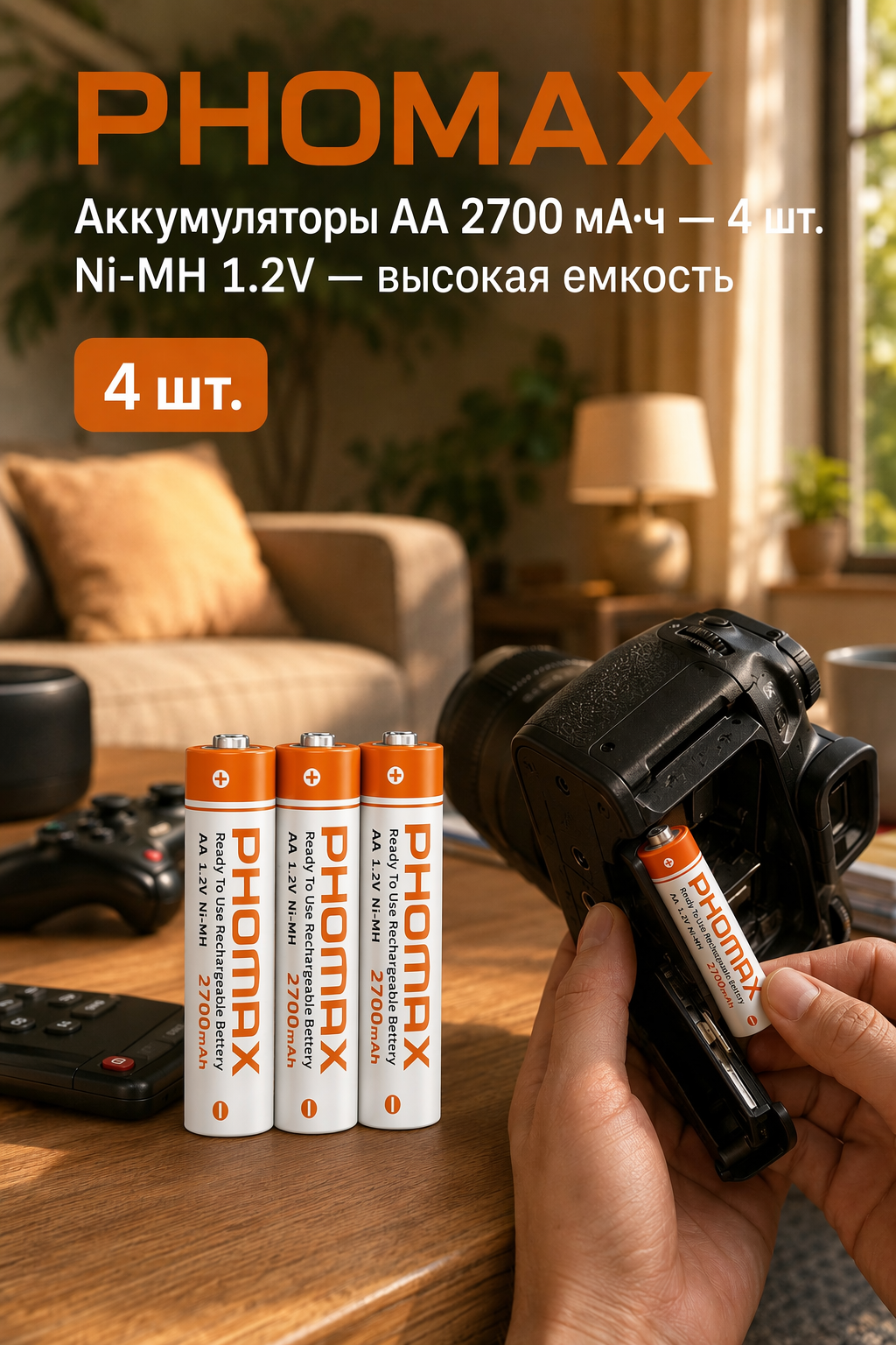 Аккумуляторы PHOMAX AA 2700 мА·ч Ni-MH 1.2V, 4 шт, готовые к использованию, перезаряжаемые батарейки, до 1200циклов