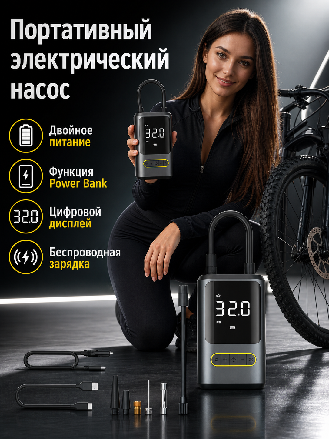 Портативный электрический насос для шин с цифровым дисплеем двойное питание