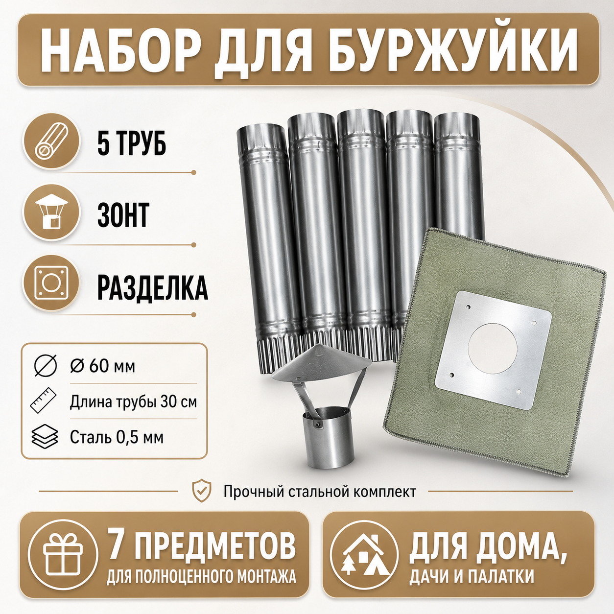 Набор для буржуйки, 5 труб (длина 30см, диаметр 60мм)+зонт (на трубу 60мм)+разделка (30х30см)