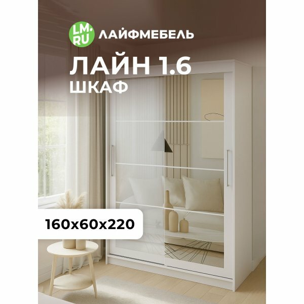 Шкаф-купе для одежды, белый, двухдверный Лайфмебель Лайн