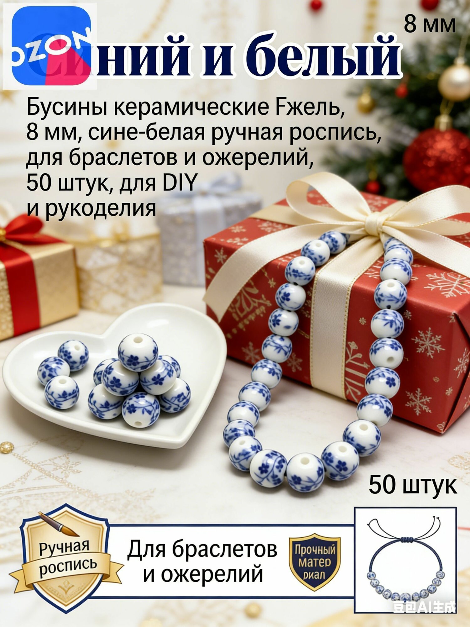 Бусины керамические Гжель, 8 мм, сине-белая ручная роспись, для браслетов и ожерелий, 50 штук, для DIY и рукоделия