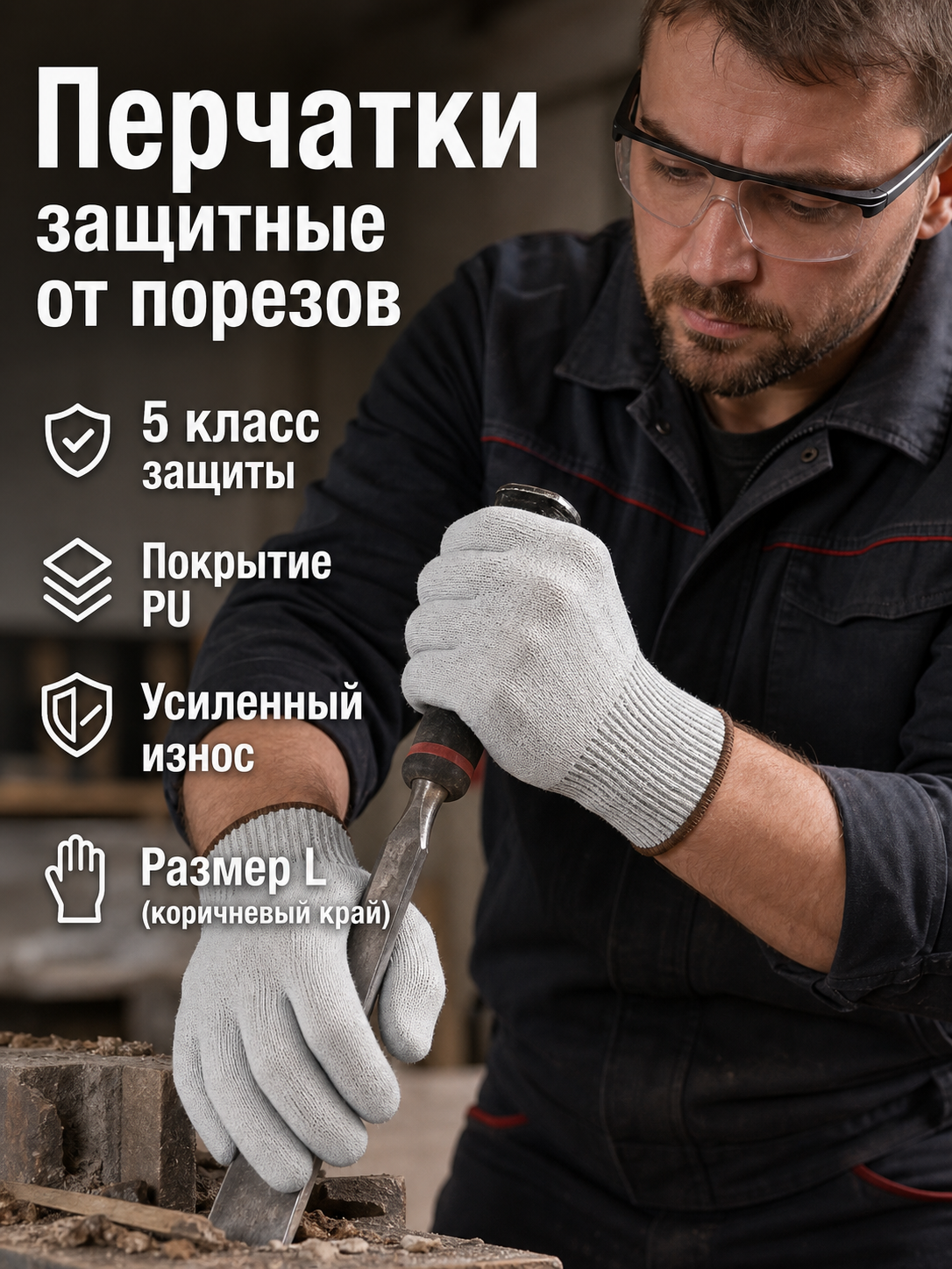 Защитные перчатки 5 уровня антипорез HPPE нитрил размер L серые рабочие