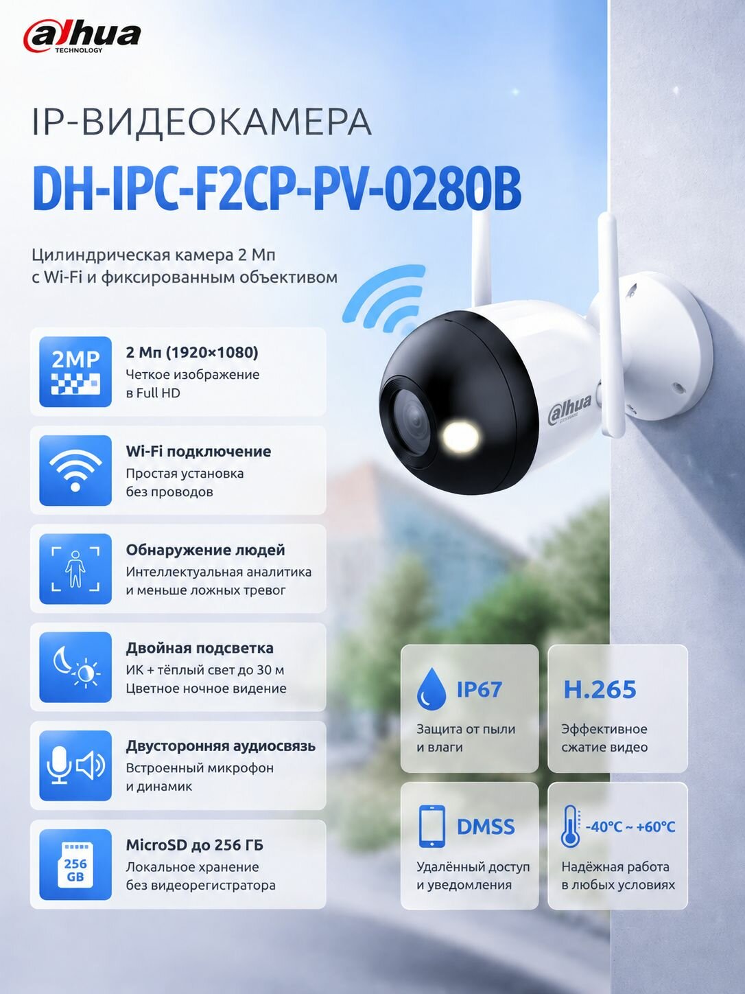 Wi-Fi Уличная IP Камера 2Мп Dahua DH-IPC-F2CP-PV-0280B видеонаблюдения с двойной ИК / LED-подсветкой до 30м. Звуковая и световая сигнализация, Обнаружение людей, Аудиосвязь, MicroSD до 256 Гб