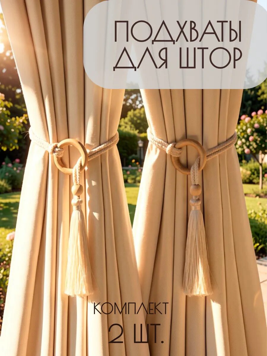 Подхваты для штор с кисточкой 2 шт. из хлопкового шнура и деревянными элементами