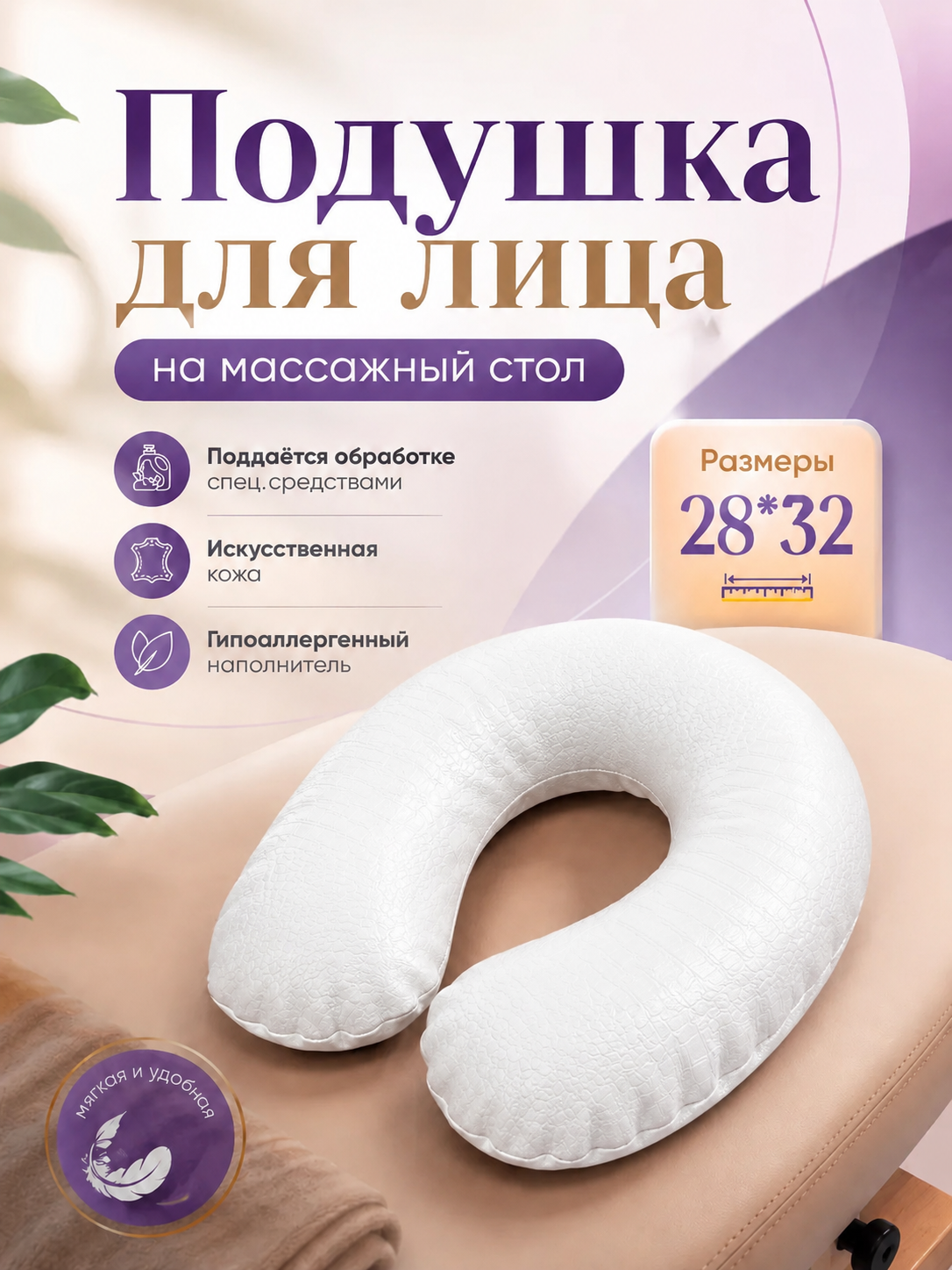 Подушка-рогалик для лица на массажный стол, искусственная кожа, размер 28х32 см
