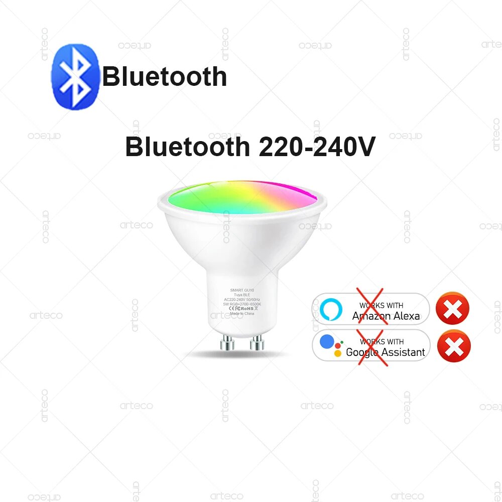 Arteco Светодиодная лампа GU10 RGB, Bluetooth/Wi-Fi, голосовое управление Bluetooth 220-240V