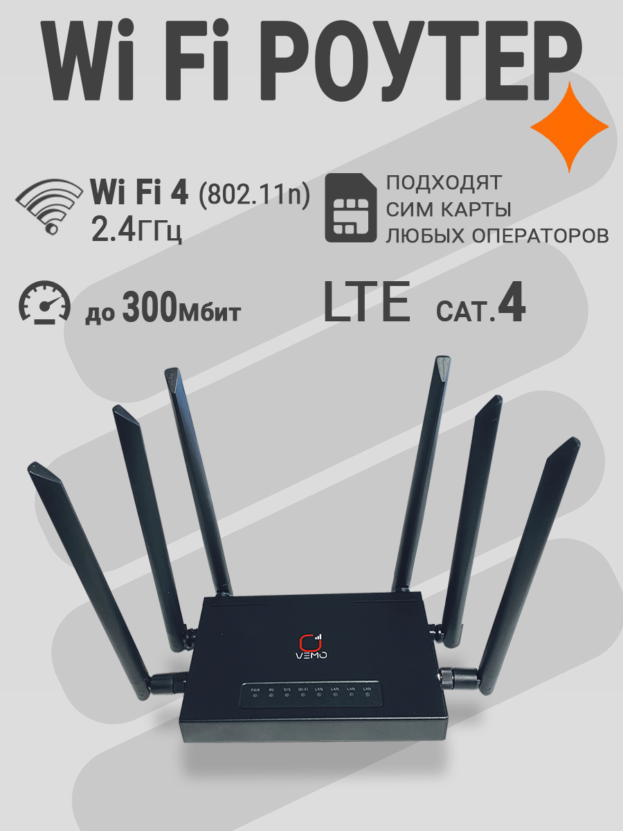 4G роутер Wi Fi Vemo B720 (B628) с сим картой, до 300Мбит, cat.4