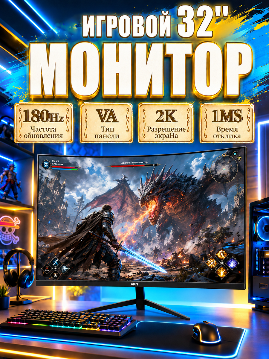 Монитор AKN 32 дюйма, разрешение 25601440 QHD 2K, частота обновления 180 Гц, изогнутый экран, корпус черного цвета