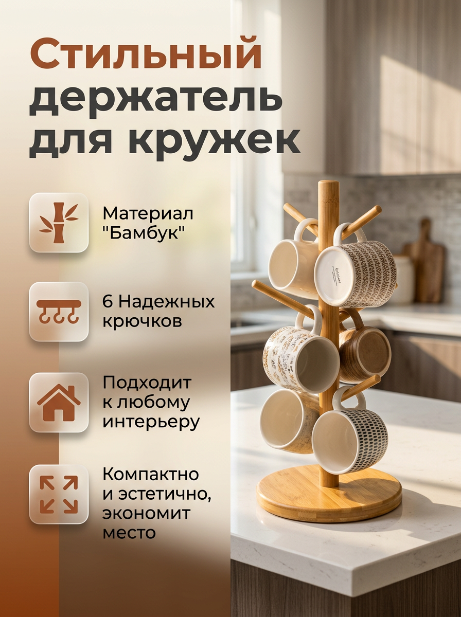 Держатель кухонный для кружек, подставка для чашек и кружек, сушилка для кружек, материал бамбук