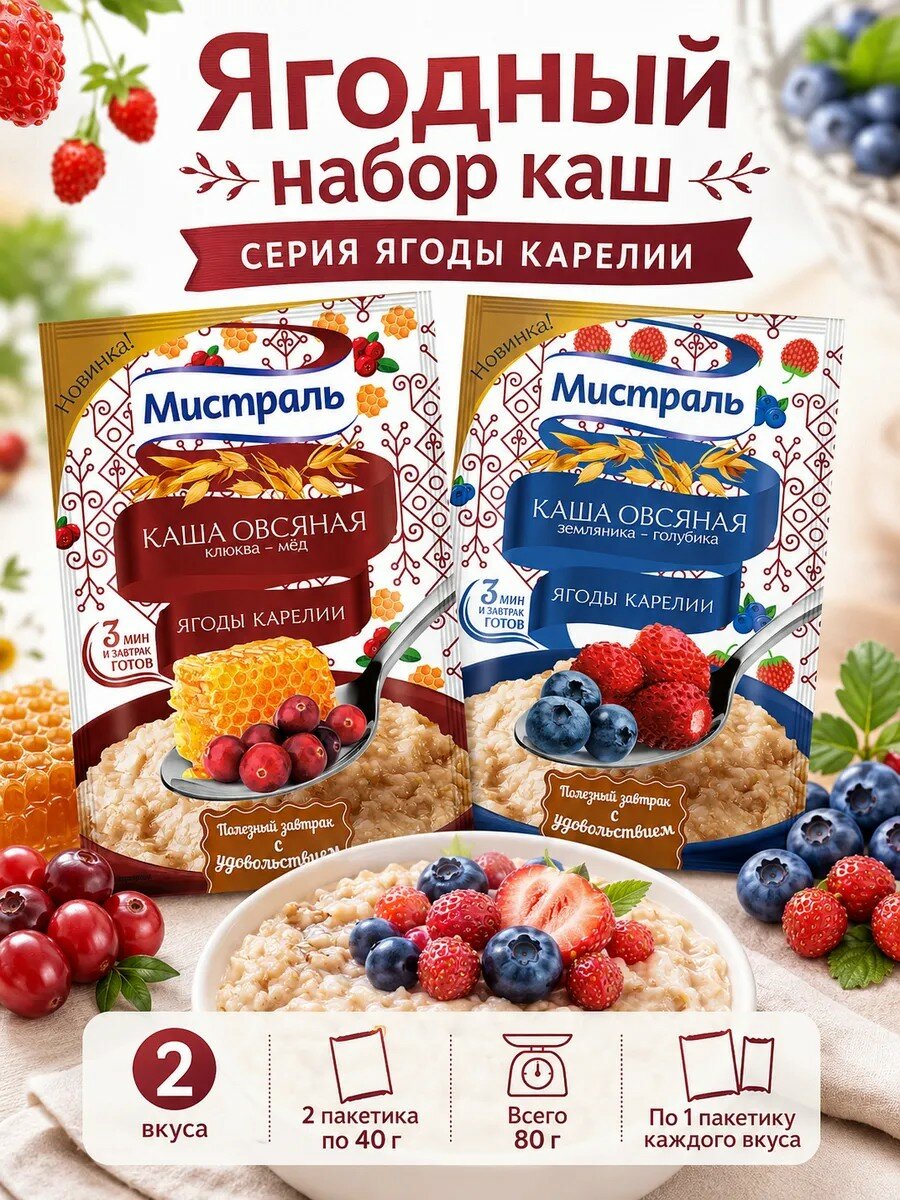 Каша Мистраль 2 вкуса: клюква-мёд + земляника-голубика