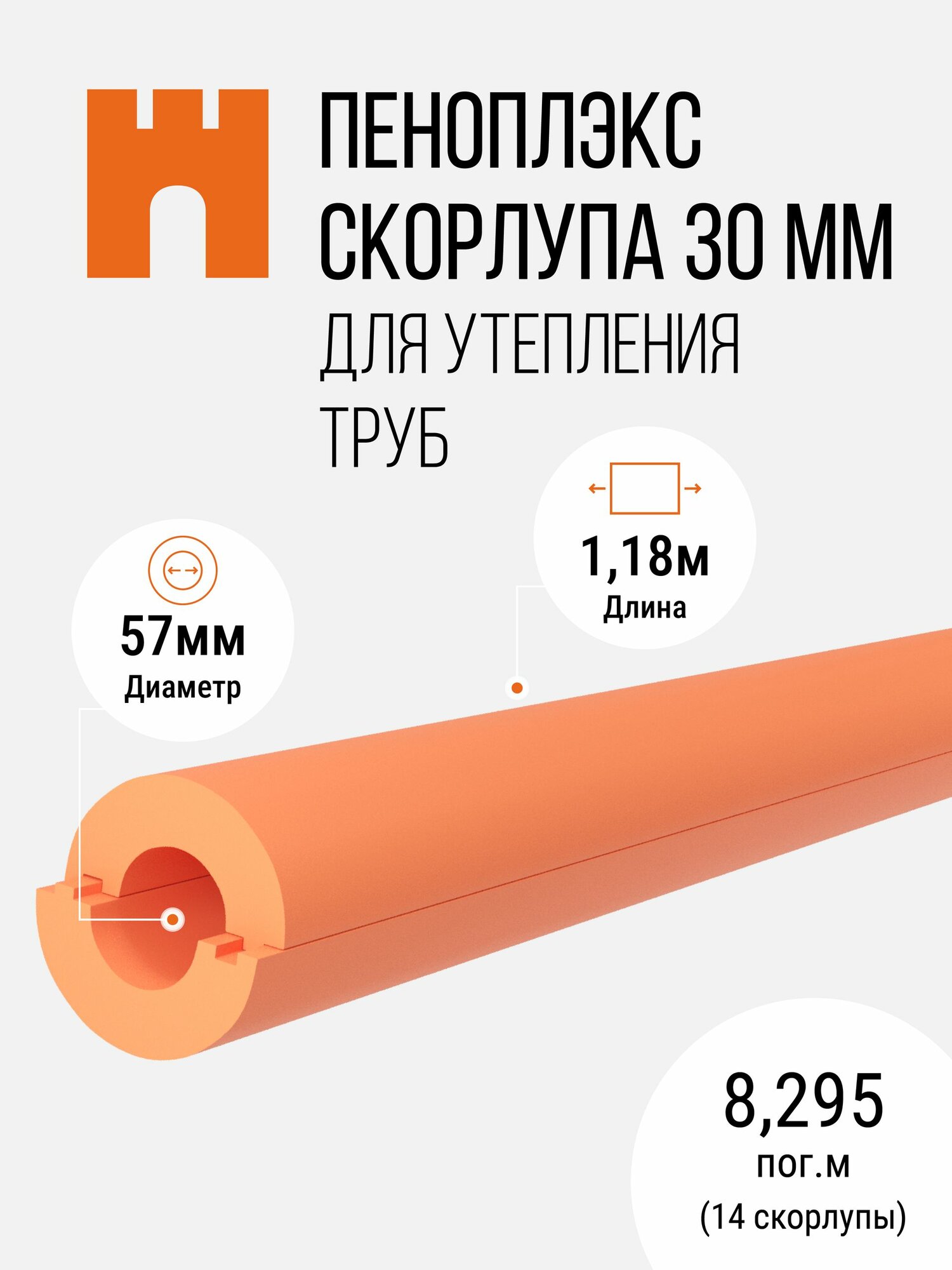 Утеплитель пеноплэкс для труб диаметром 57мм, скорлупа XPS 30мм, 8,295 пог. м, 14 скорлуп