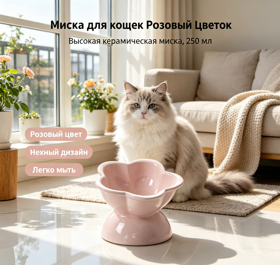 Керамическая миска для кошек в форме цветка на подставке, защита шеи, устойчивая к опрокидыванию