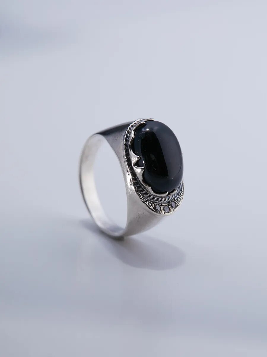 Кольцо БРЮС, серебро, 925 проба, фианит, обсидиан