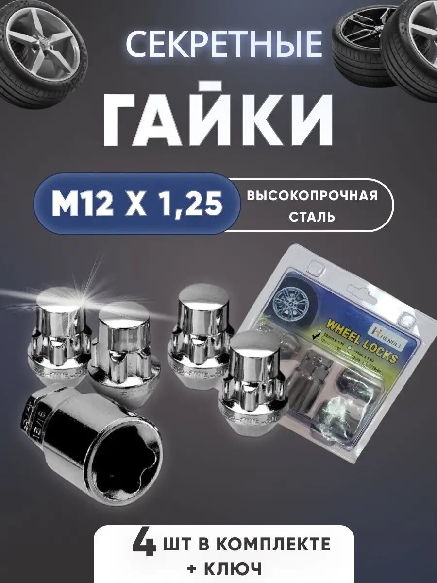 Гайка секретная М12 х 1,25х32 мм, 4 шт. 1 ключ