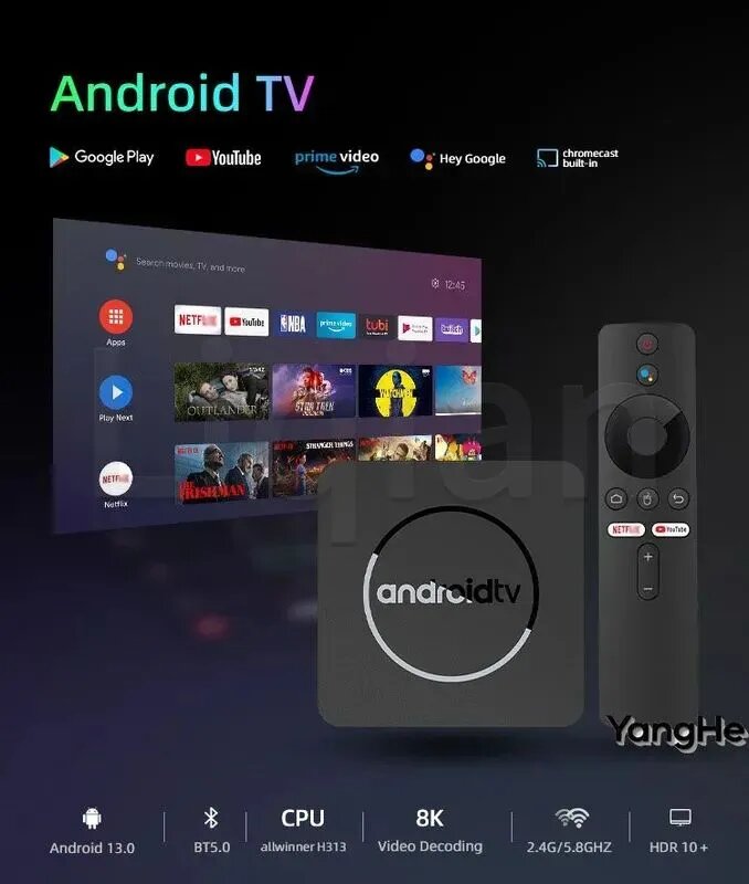 Android TV Q1 H313 Android 14.0 Сетевой ТВ-приставкой 4K Приставка ТВ BOX 8/128 ГБ +бесплатное телевидение и кинотеатр, Bluetooth пульт