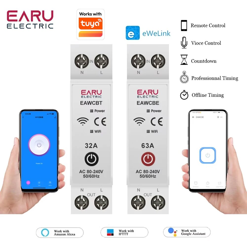 Умный Wi-Fi выключатель EARUELECTRIC 63А Tuya Smart, 40А