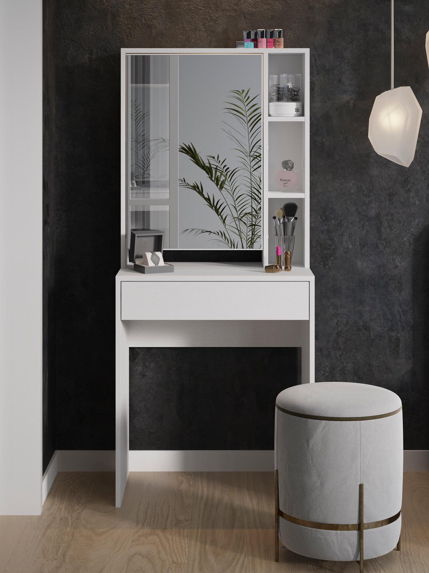 Туалетный столик ТриЯ Вейла, белый ясень, с зеркалом, с полкой, с ящиком, ЛДСП