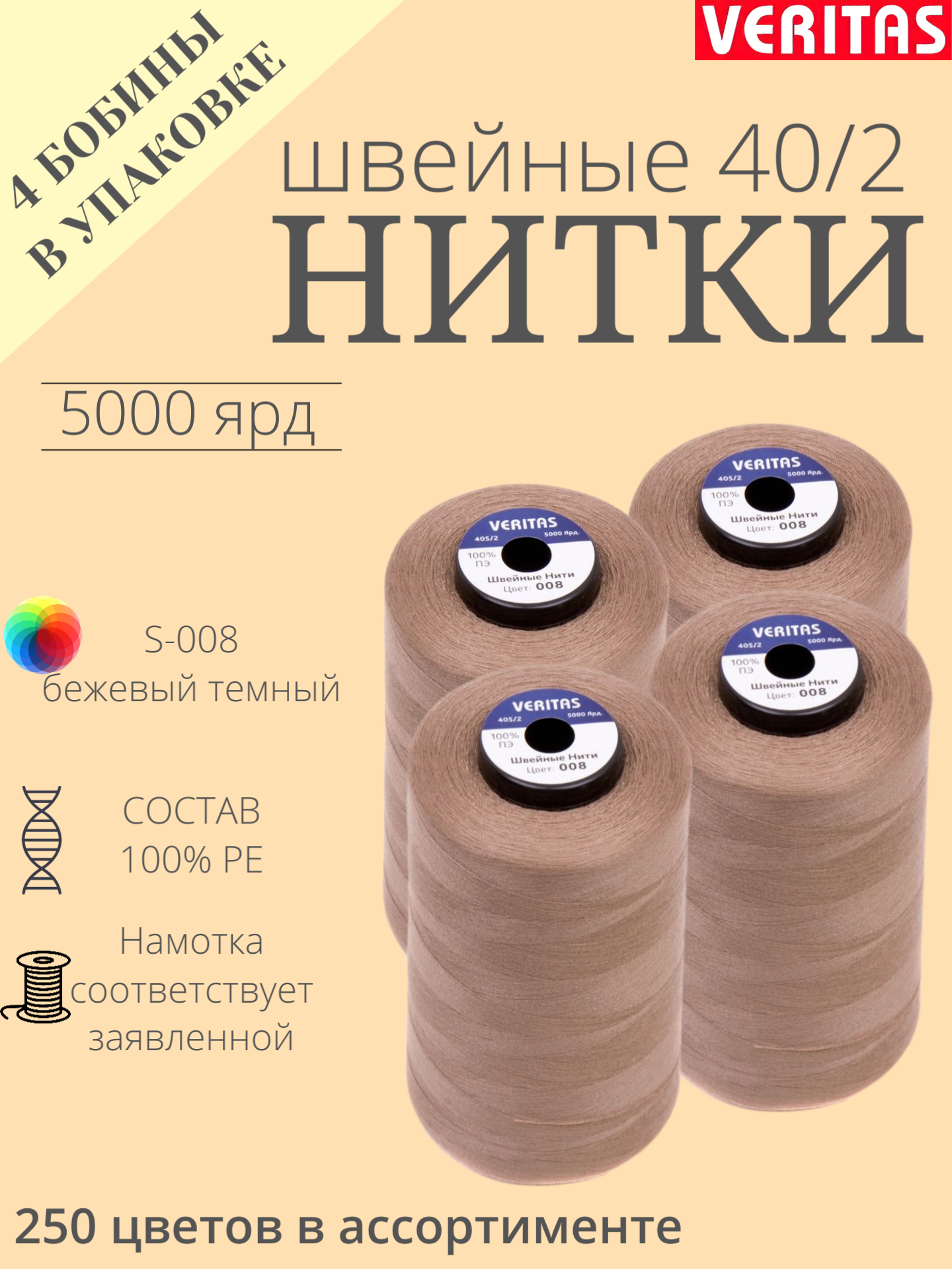 Нитки швейные 40/2 набор 4 бобины VERITAS S-008, намотка 5000ярд