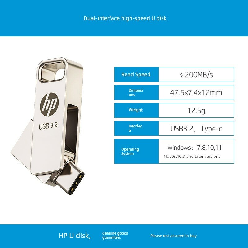 HP 128GB Металлический USB-накопитель с интерфейсом Type-C для устройств Apple и ноутбуков