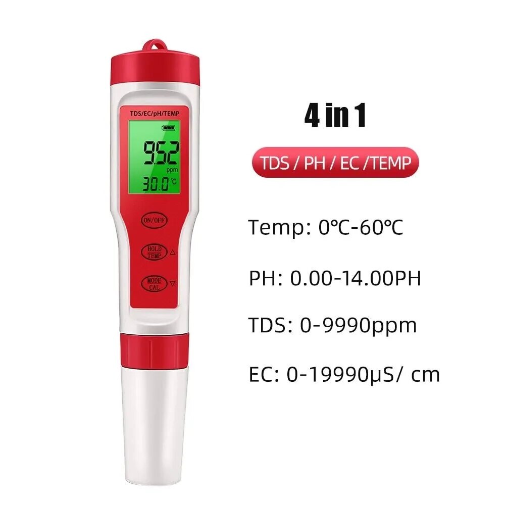 TDS/EC/pH/TEMP-метр EZ-9908 для измерения кислотности (pH), жёсткости воды, температуры жидкости — фото 1
