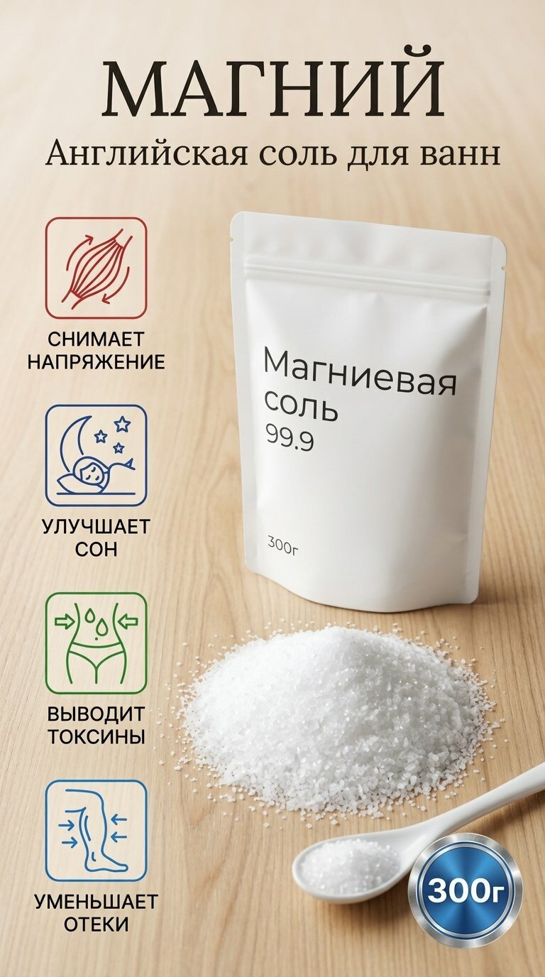 Магниевая "Английская" соль для ванны, без добавок, упаковка 300 гр