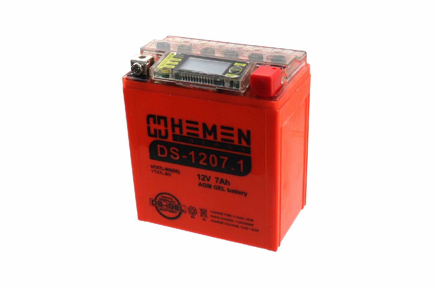 Аккумулятор 12В 7Ач HEMEN ENERGY DS1207.1 (YTX7L-BS) С дисплеем (гелевый) (обр. полярн) (114*69*131мм