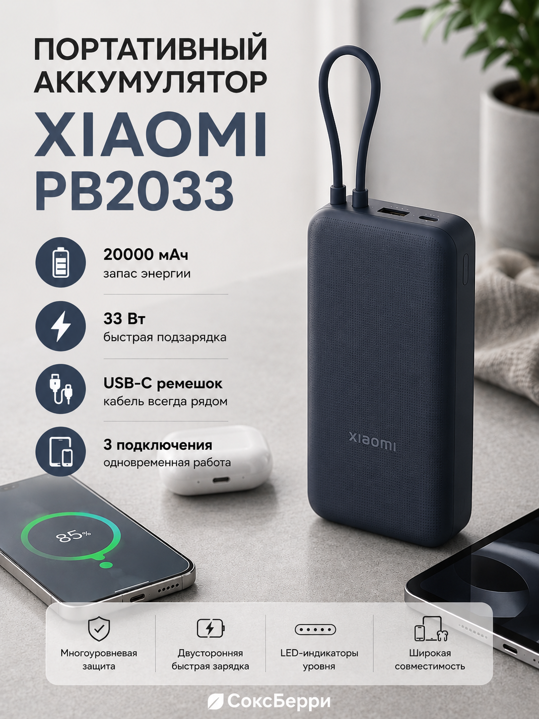Внешний аккумулятор Xiaomi PowerBank Comes With Cable PB2033, 20000mAh, 33Вт, 74Втч