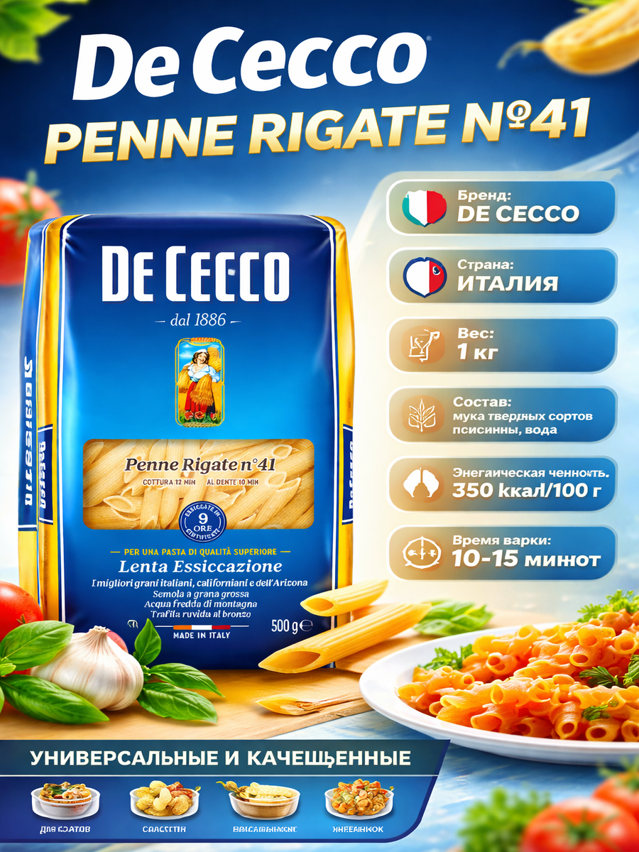 Макароны перья De Cecco Penne Rigate №41 рифленые, 1кг