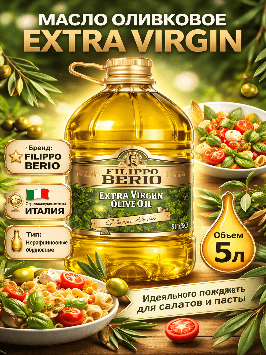 Масло оливковое Filippo Berio Extra Virgin нерафинированное, 5л