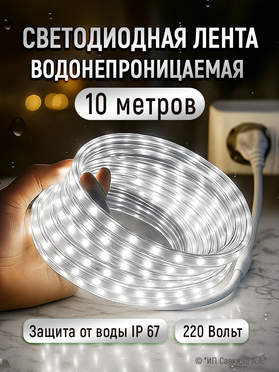 Водонепроницаемая светодиодная лента 10 метров 220в холодный свет