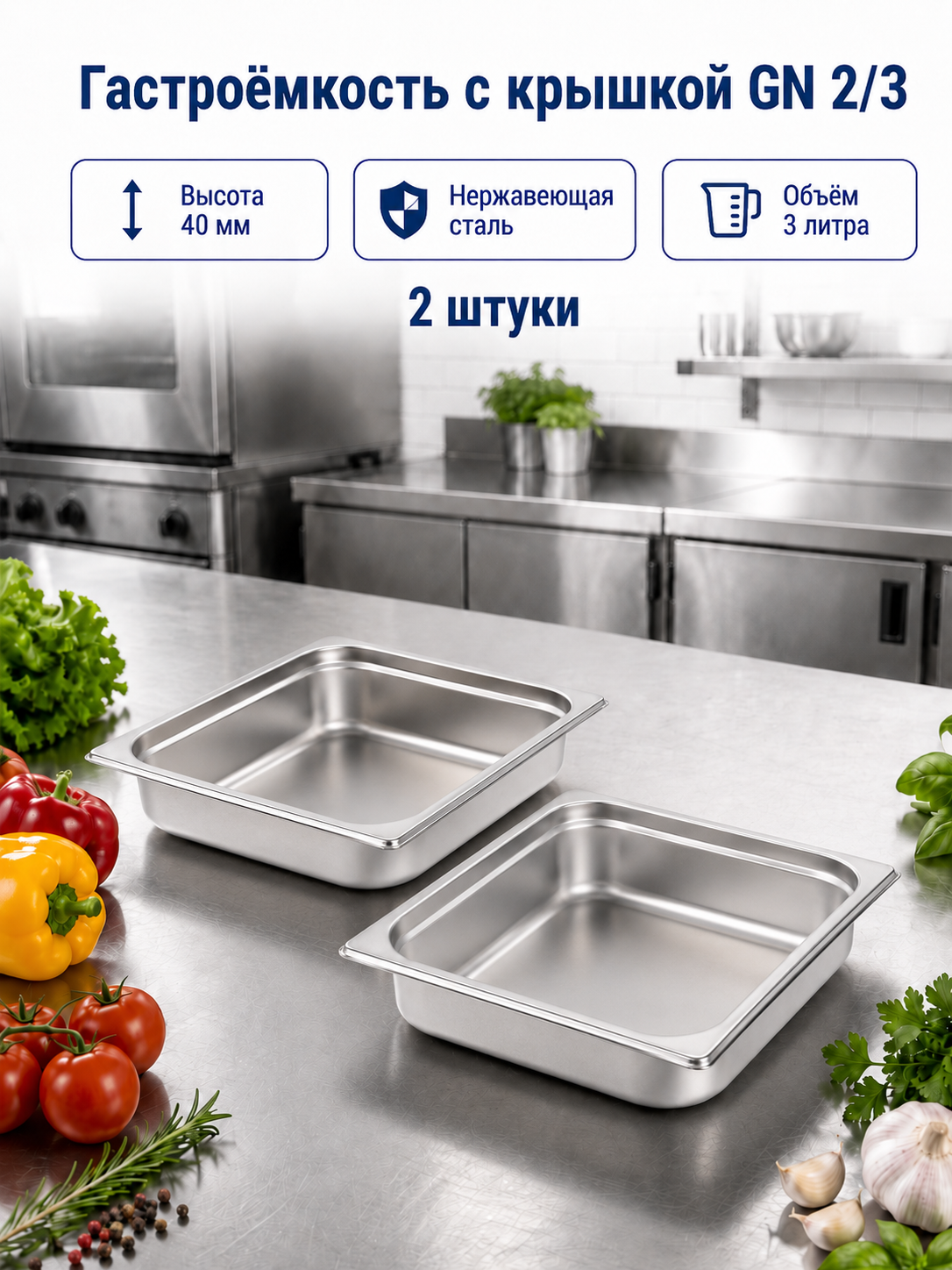 Гастроемкость GN 2/3-40 мм, набор 2 шт, нержавеющая сталь