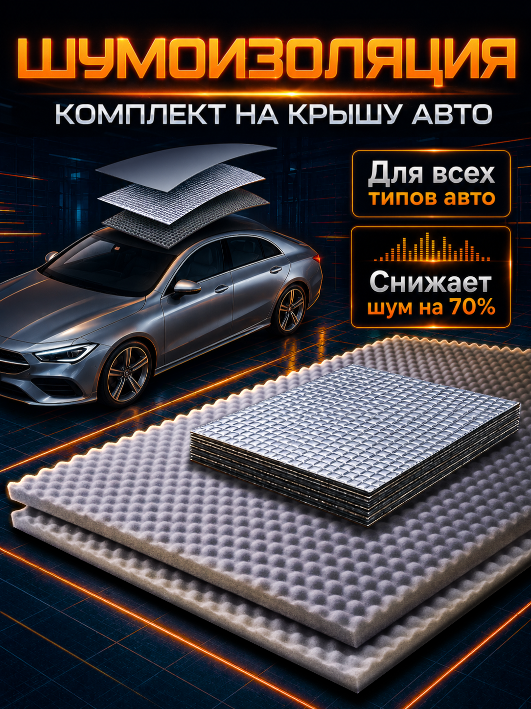 Комплект шумоизоляции на крышу авто. Самоклеющаяся шумка, набор звукоизоляции
