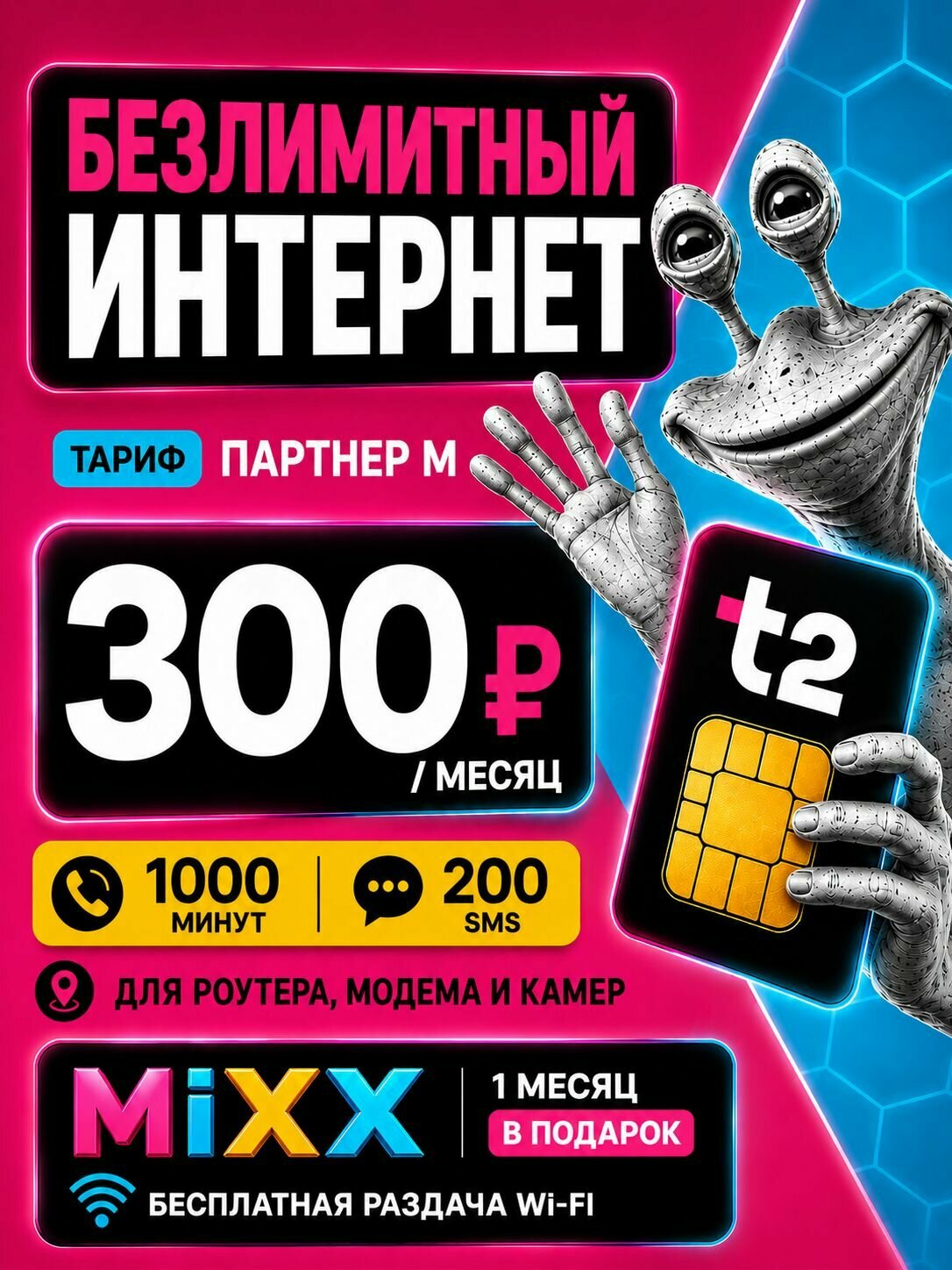 Сим карта Т2 (симка t2) безлимитный интернет 3G/4G/LTE и раздачей для роутера, модема, камер видеонаблюдения. Тариф T2 Партнер М 1000 минут и 200 SMS по всей России 300 р/мес.