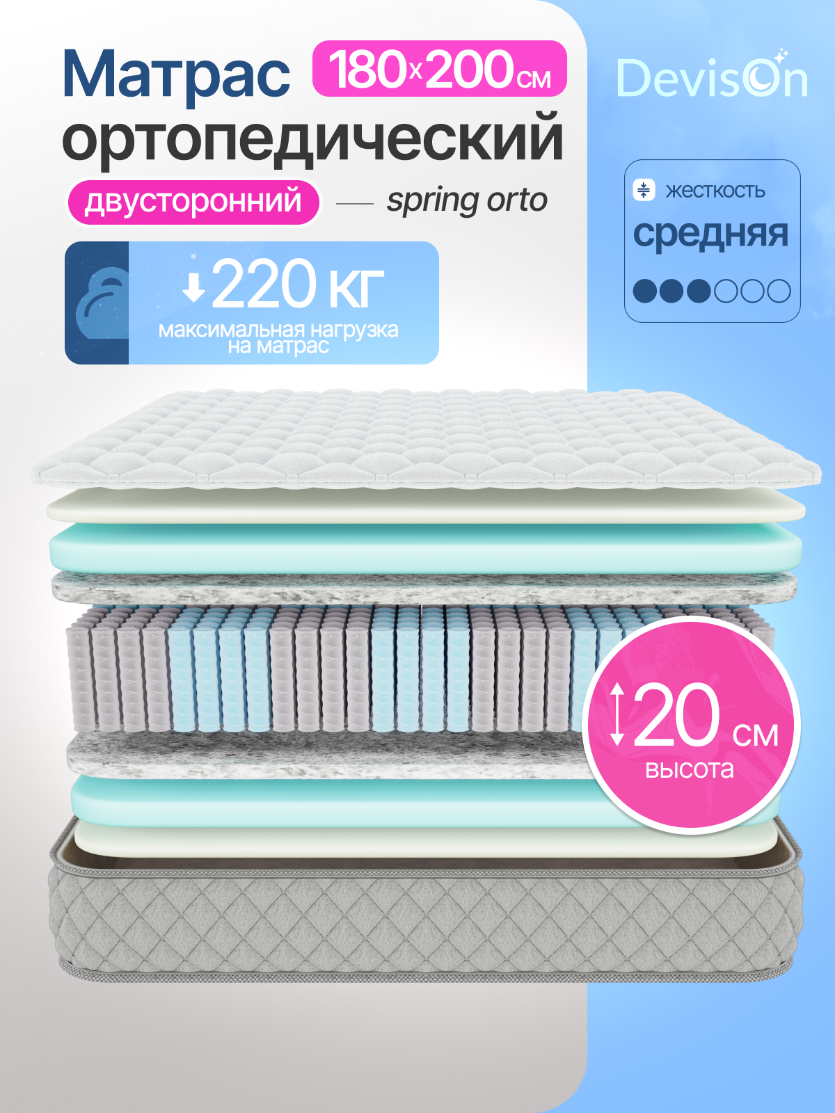 Матрас 180х200 ортопедический пружинный Devison Spring Orto высота 20 см