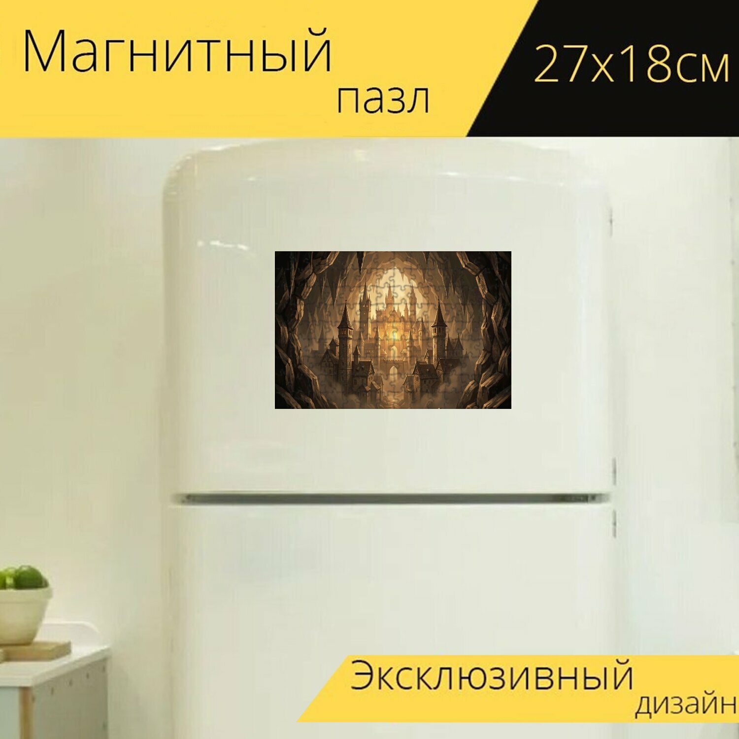Магнитный пазл "Сказочный город среди скал. Готический средневековый комплекс с башнями и арками в глубоком гроте, тёплое золотое свечение, туман." на холодильник 27 x 18 см.