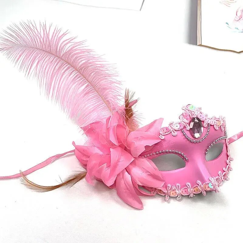 Женская маска с пайетками и перьями Розовый, Pink