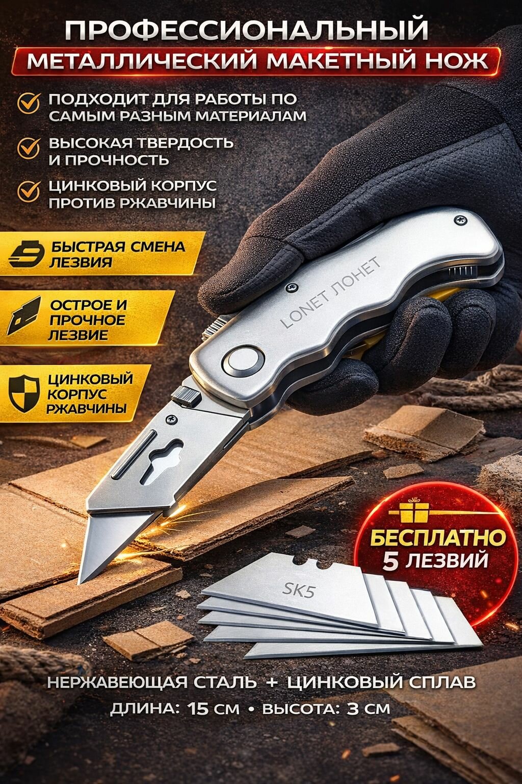 Нож канцелярский нержавеющий складной