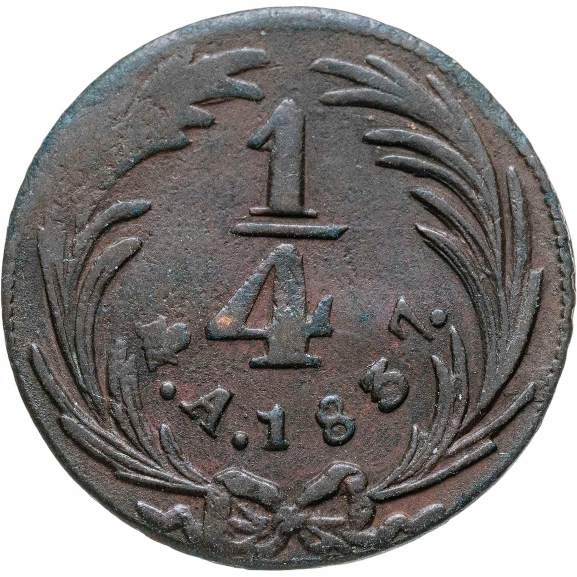 Мексика 1/4 реала 1837 Mo A, Медь, в сохранности VF