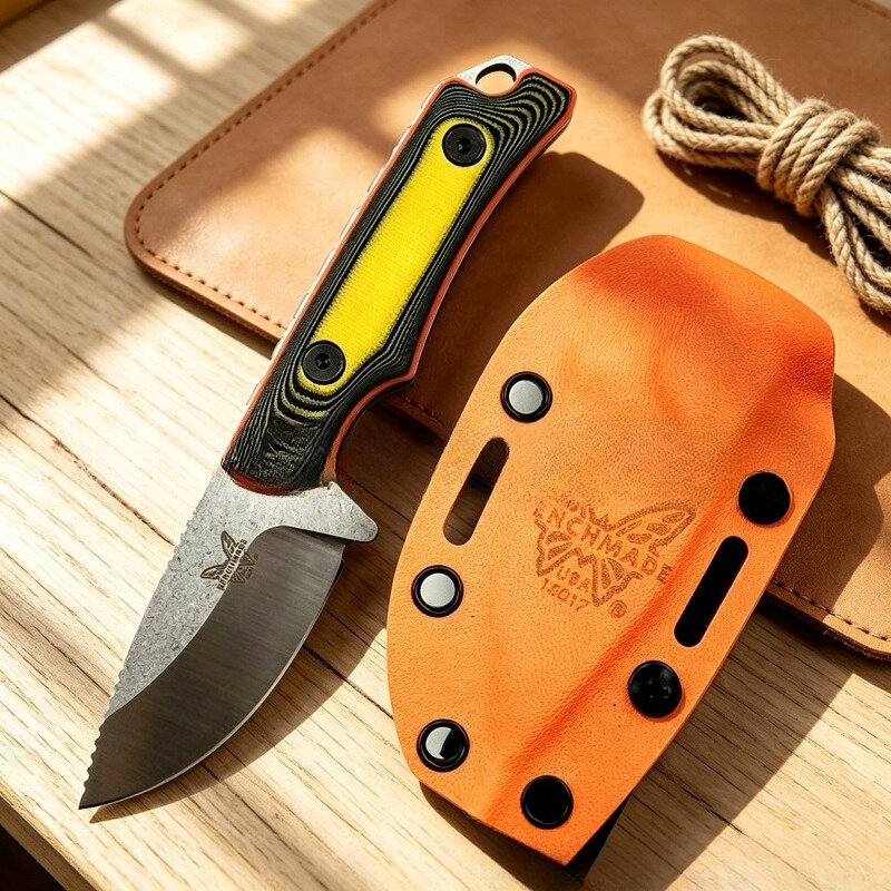 Benchmade15017 Премиальный походный нож из монолитной стали высокой твердости, оснащен эргономичной двухцветной рукоятью G10, компактный и острый
