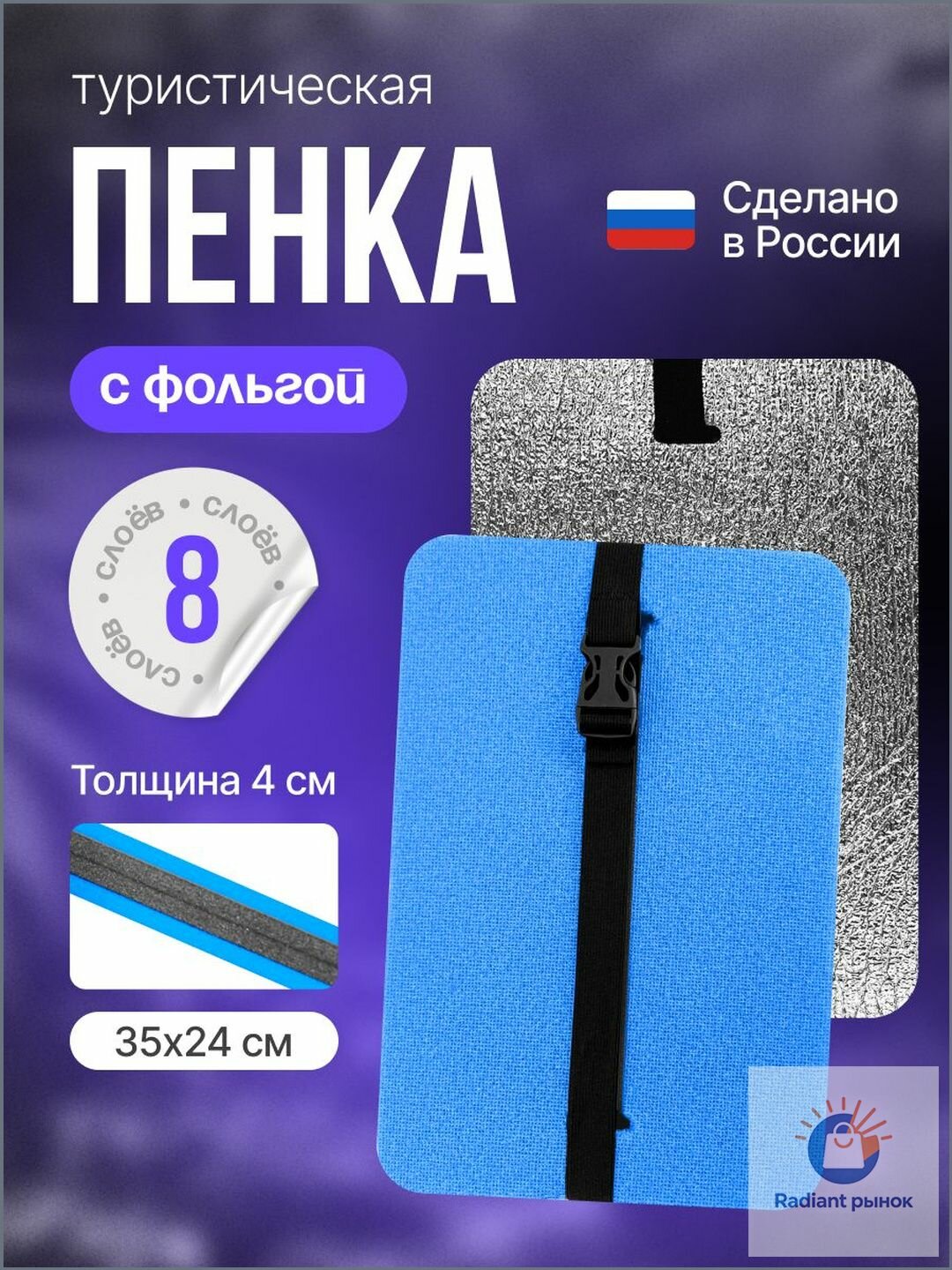 Сиденье туристическое, 8 -ми слойное синее, с фольгой, влагостойкое, многослойное, пенка/каремат, сидушка походная, хоба для похода/туризма 350x240x40 мм