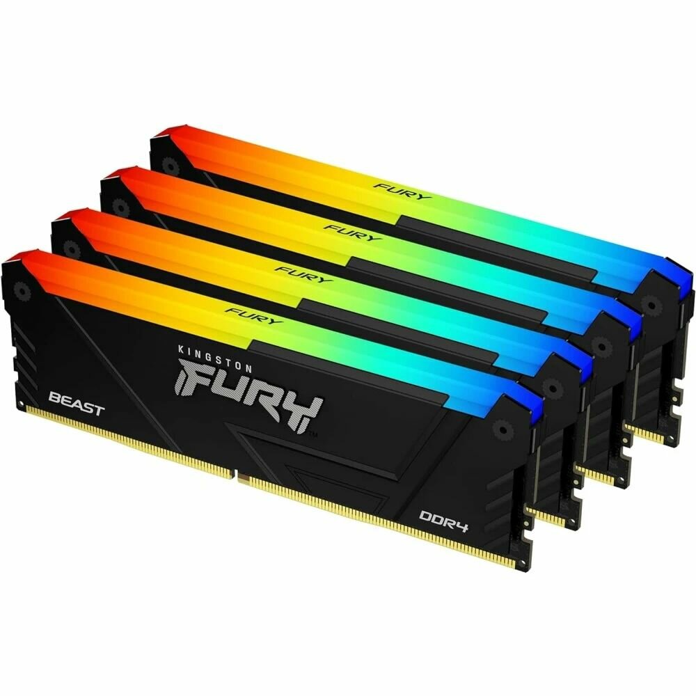 Оперативная память Kingston Fury Beast, DDR4, 32GB (4x8GB), 3200MHz, CL16, DIMM, с радиатором, RGB, черный