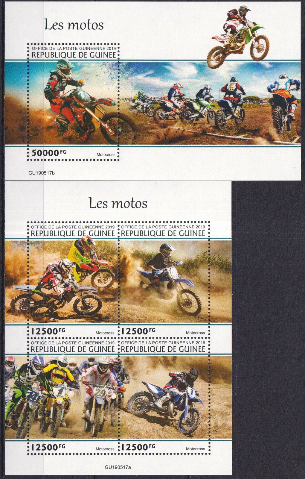 Марки 2019 год Гвинея Мотоциклы Motos Мотокросс Спорт #14136-139+Bl3191 Mnh