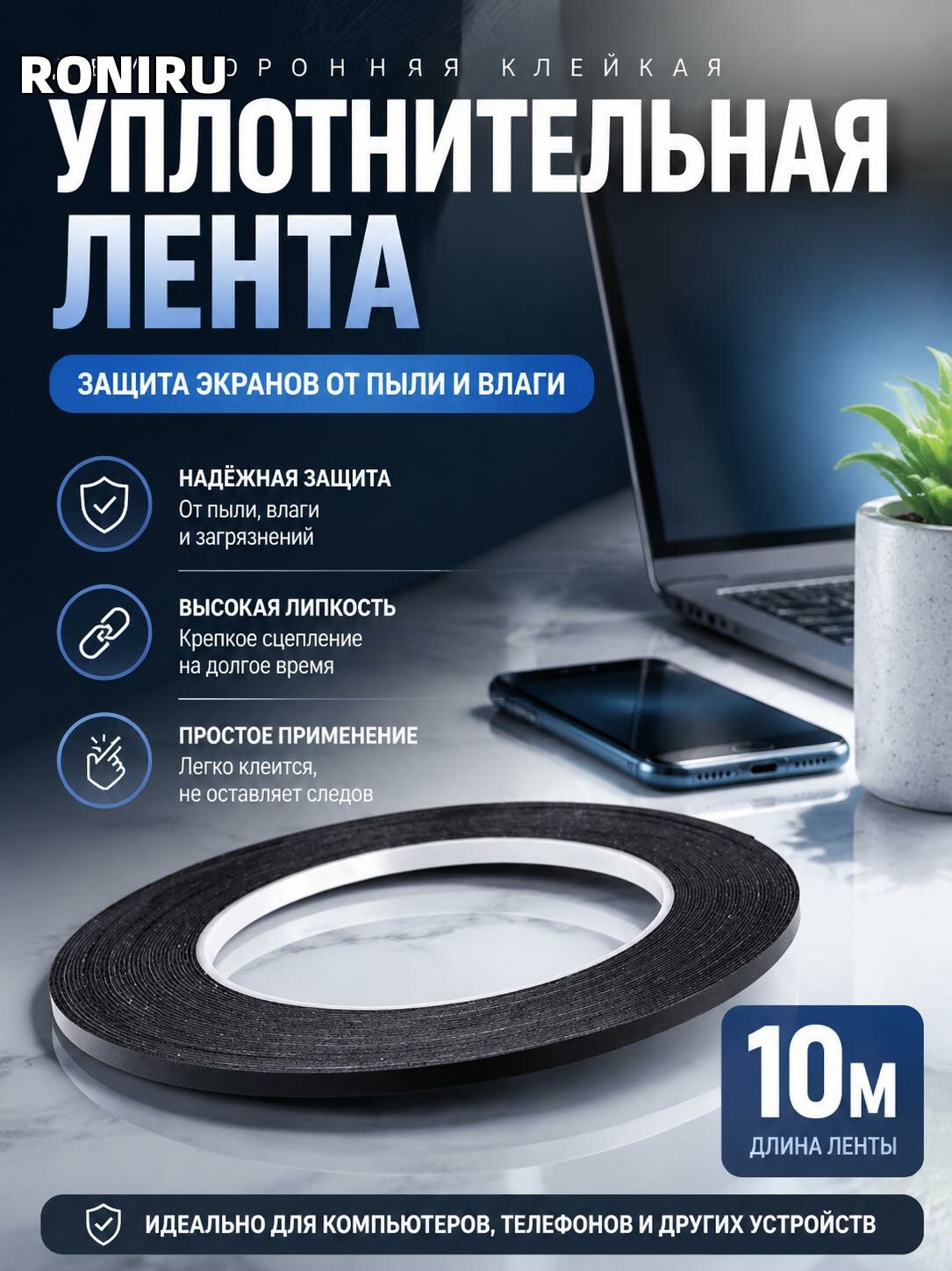 Двусторонняя клейкая уплотнительная лента высокой липкости для защиты экранов компьютеров и телефонов от пыли и влаги, 10 м