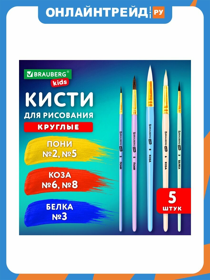 Кисти Brabix набор 5 шт. (Белка круглая № 3, коза круглые № 6, 8, пони круглые № 2, 5), BRAUBERG KIDS, 201080