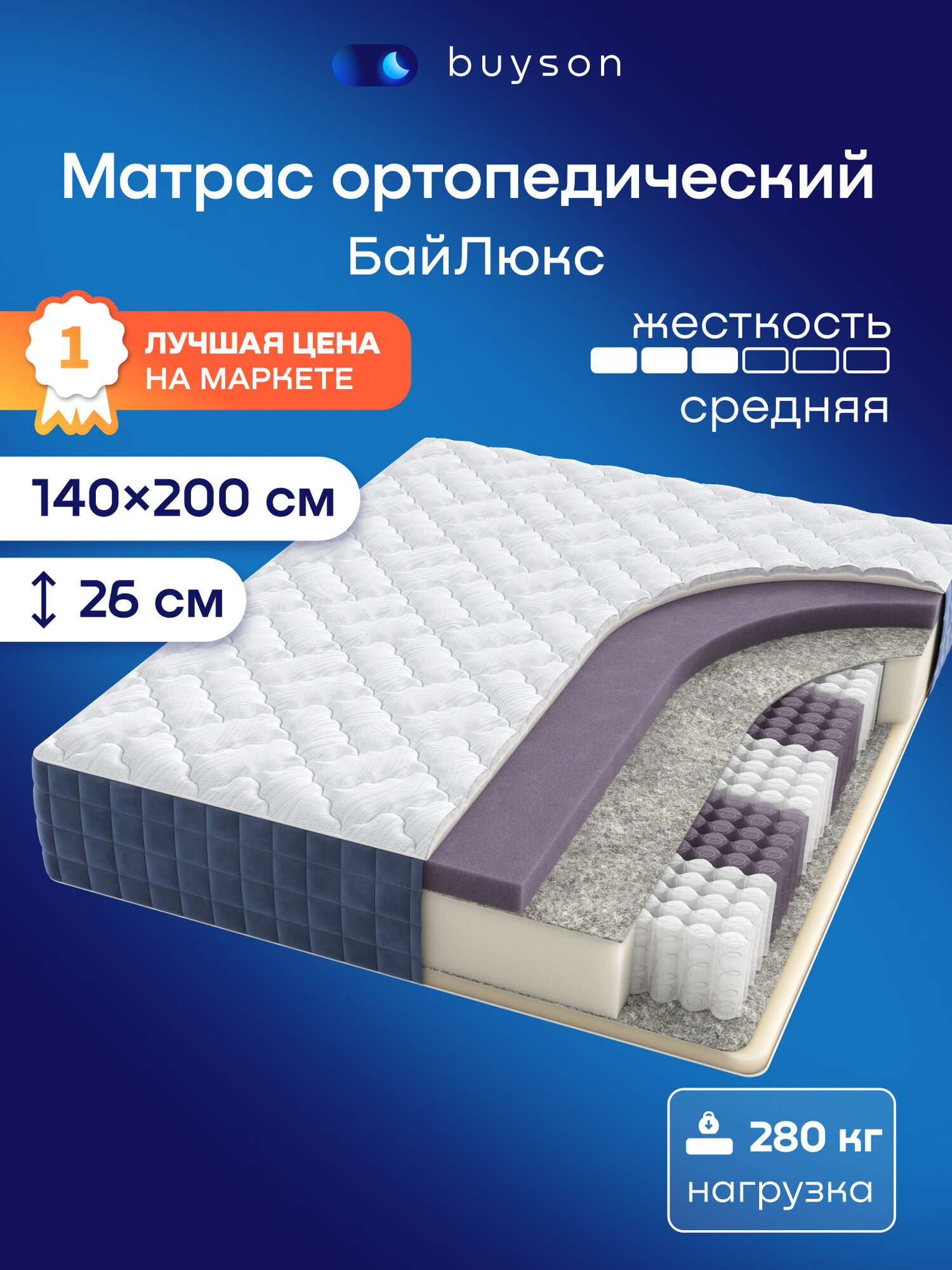 Ортопедический матрас buyson БайЛюкс, 140х200 см, независимые пружины