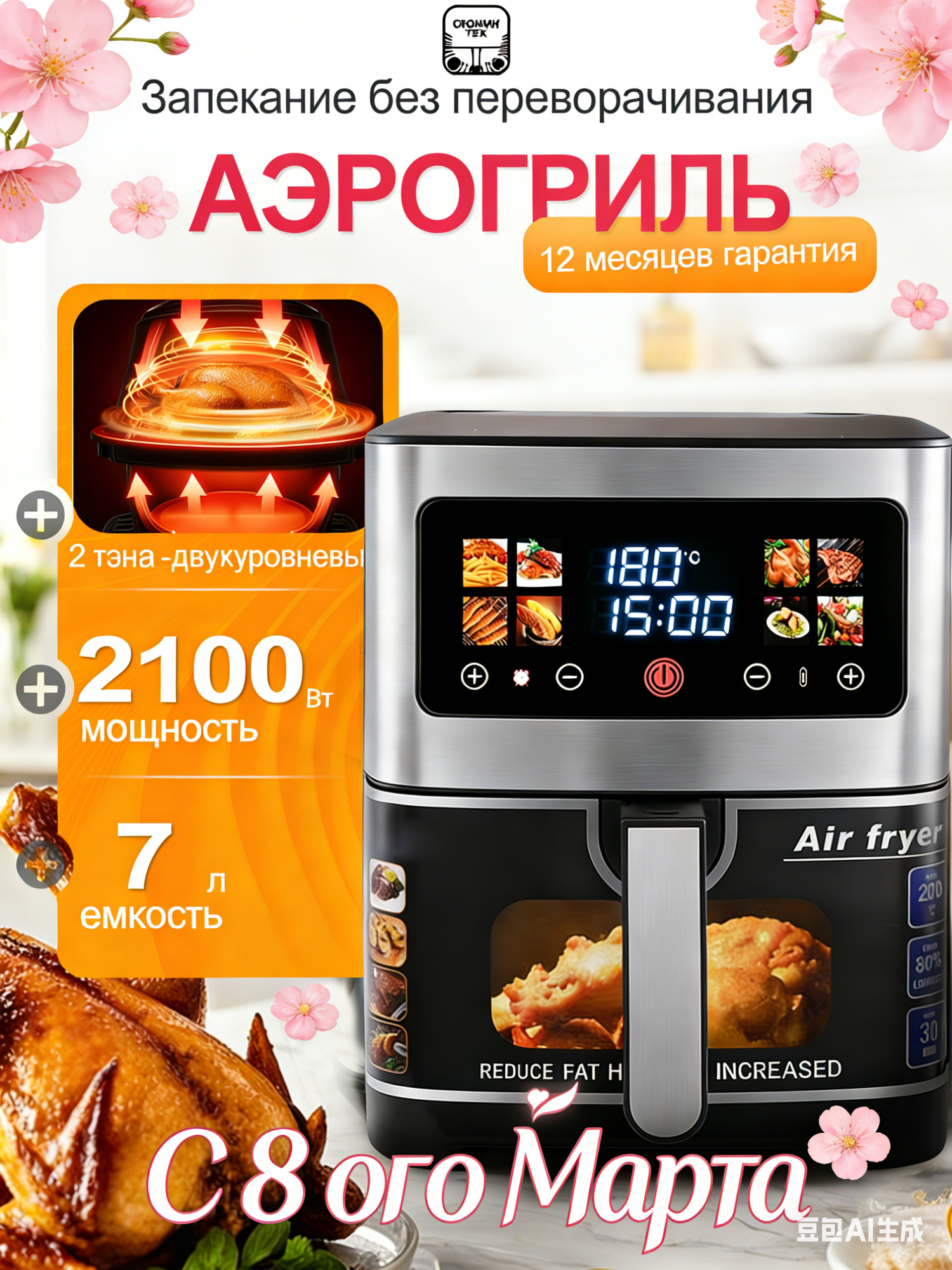 Аэрогриль 7 л, 2100 Вт, верхний и нижний ТЭН, 8 программ