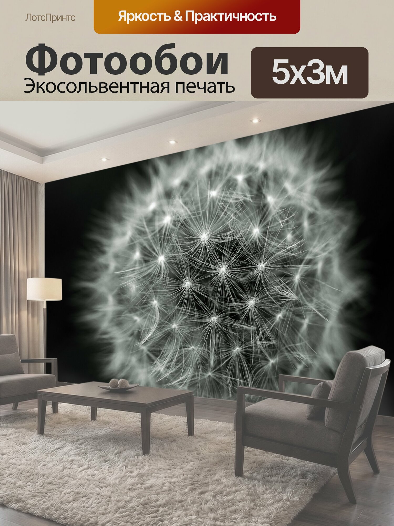 Фотообои "Одуванчик, одуванчики, световой эффект" 500x300 см. экосольвентная печать