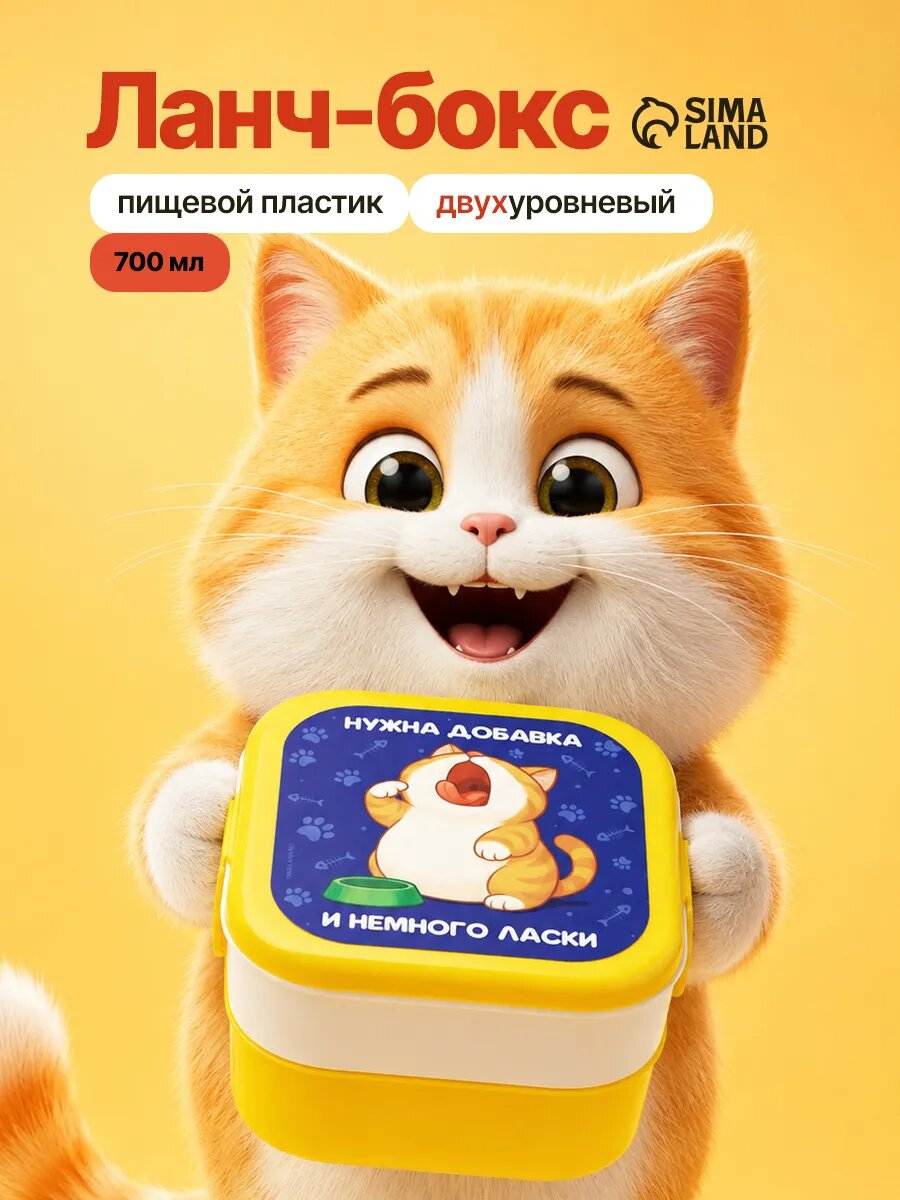 Ланч-бокс двухуровневый «Нужна добавка», 700 мл, желтый, пластик