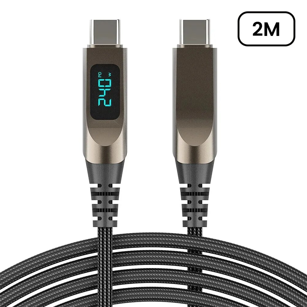 Кабель USB-C на USB-C 240 Вт с цифровым дисплеем, 5А, плетеный, для быстрой зарядки PD, для 2m